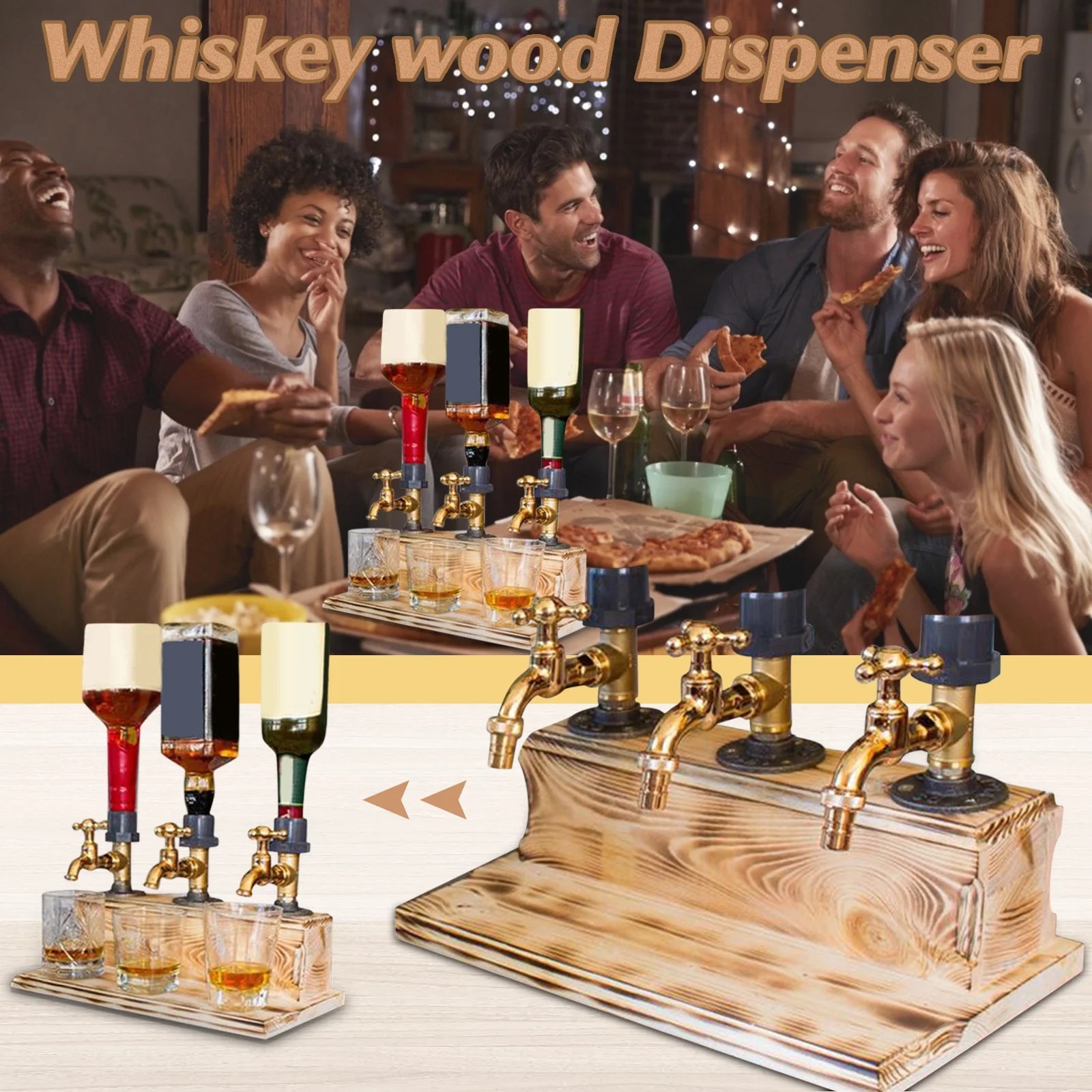 Set dispenser bauturi din lemn Fokelyi, 2 suporturi, pentru whiskey ...