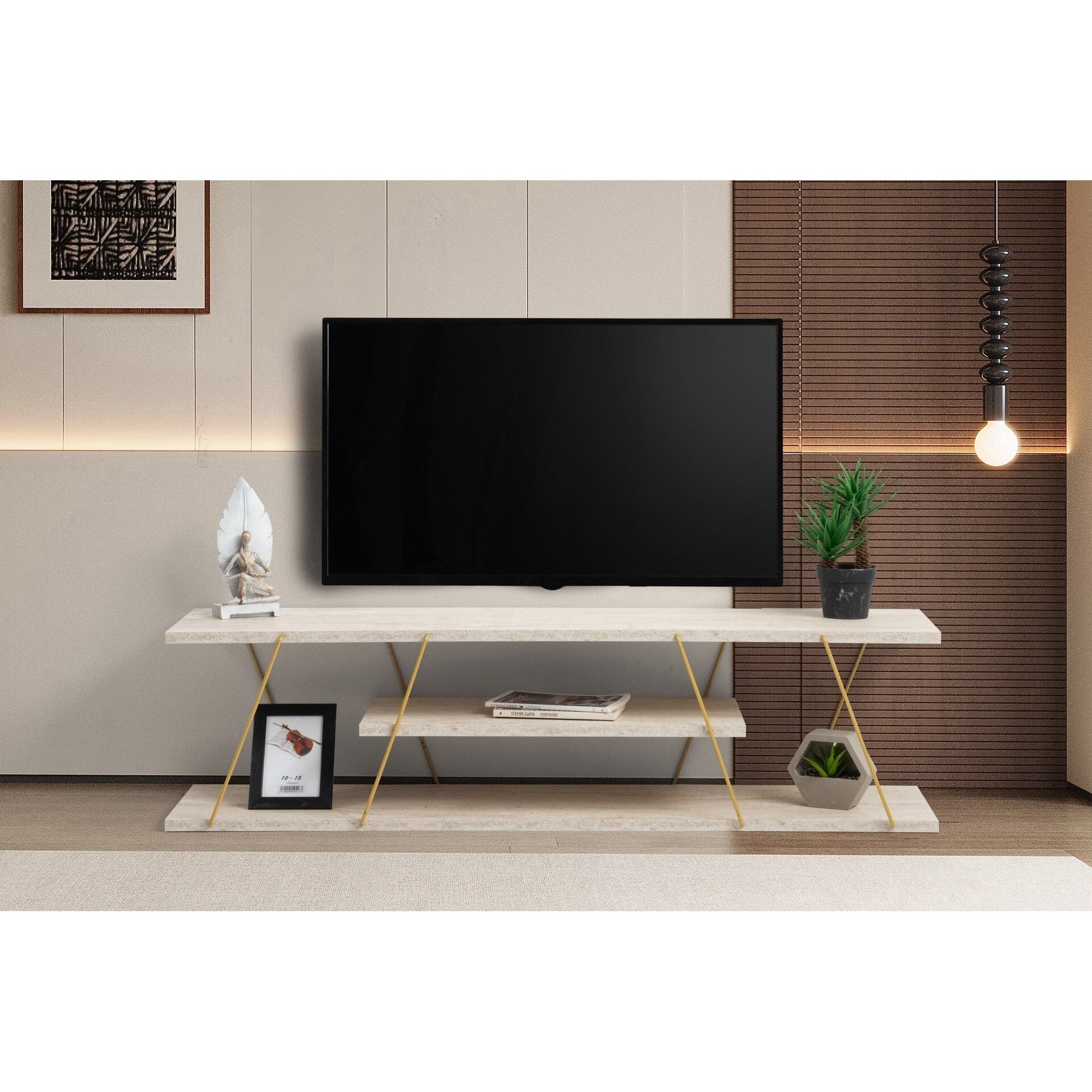Comoda TV Canaz, PAL melaminat, 120x30x33 cm, alb cu efect de marmura ...