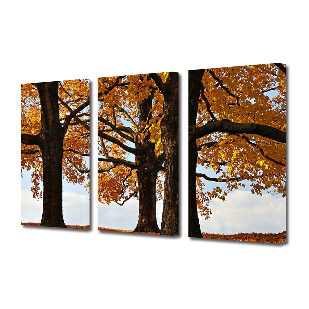 Set Tablouri Multicanvas 3 Piese Peisaj de Toamna cu Copaci cu frunze ...