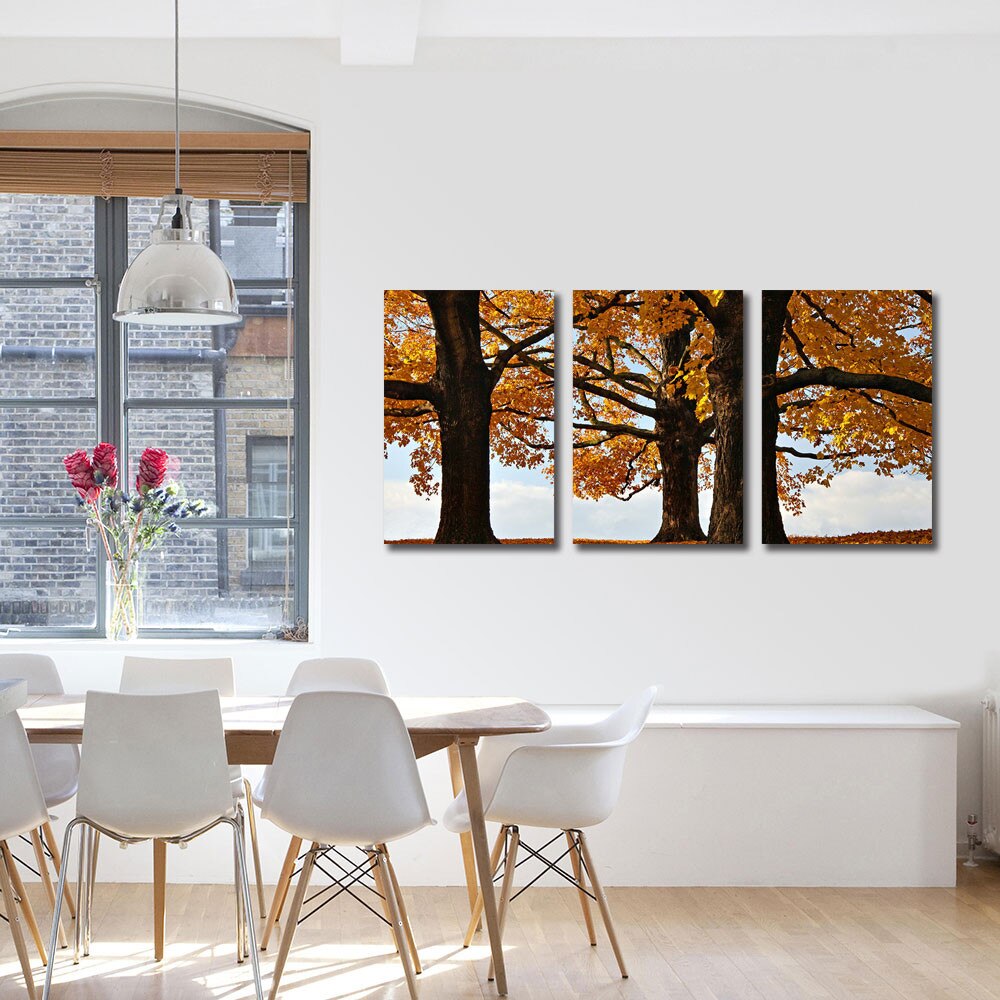 Set Tablouri Multicanvas 3 Piese Peisaj de Toamna cu Copaci cu frunze ...