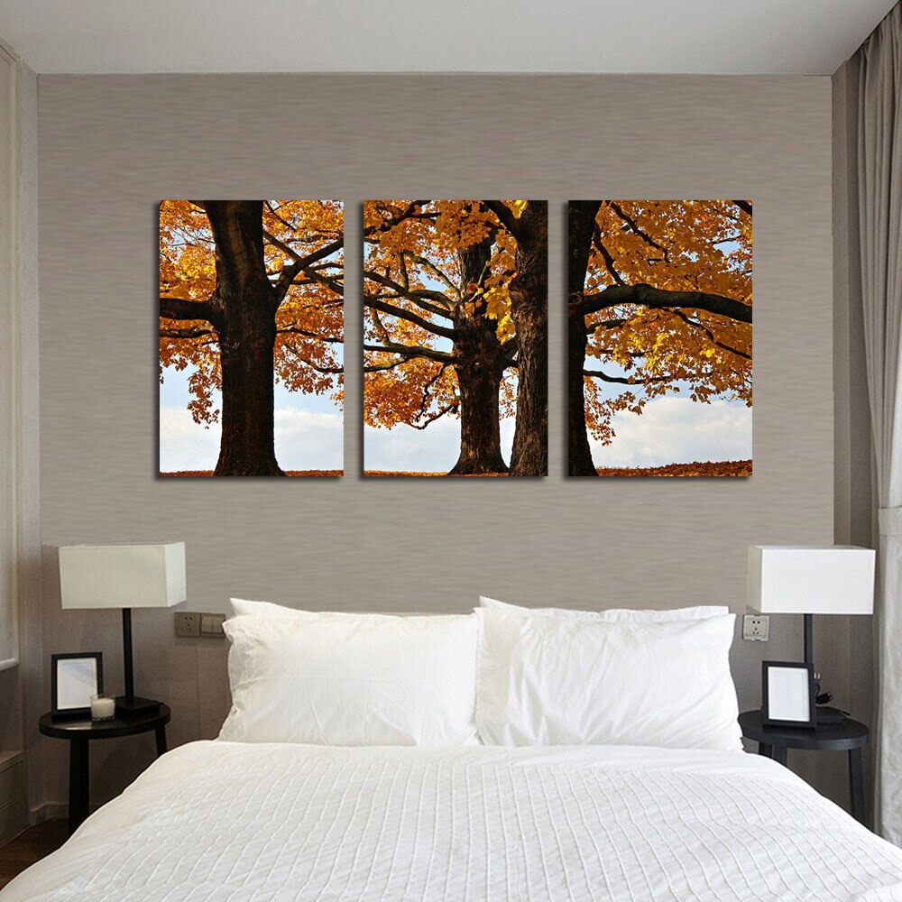 Set Tablouri Multicanvas 3 Piese Peisaj de Toamna cu Copaci cu frunze ...