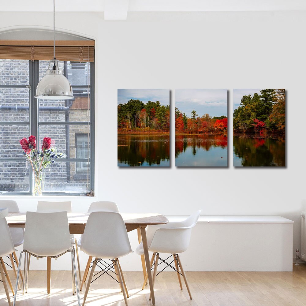 Set Tablouri Multicanvas 3 Piese Peisaj de Toamna cu Rand de copaci ...