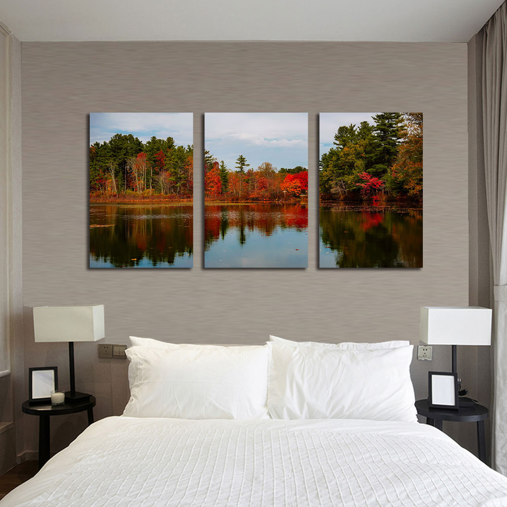 Set Tablouri Multicanvas 3 Piese Peisaj de Toamna cu Rand de copaci ...