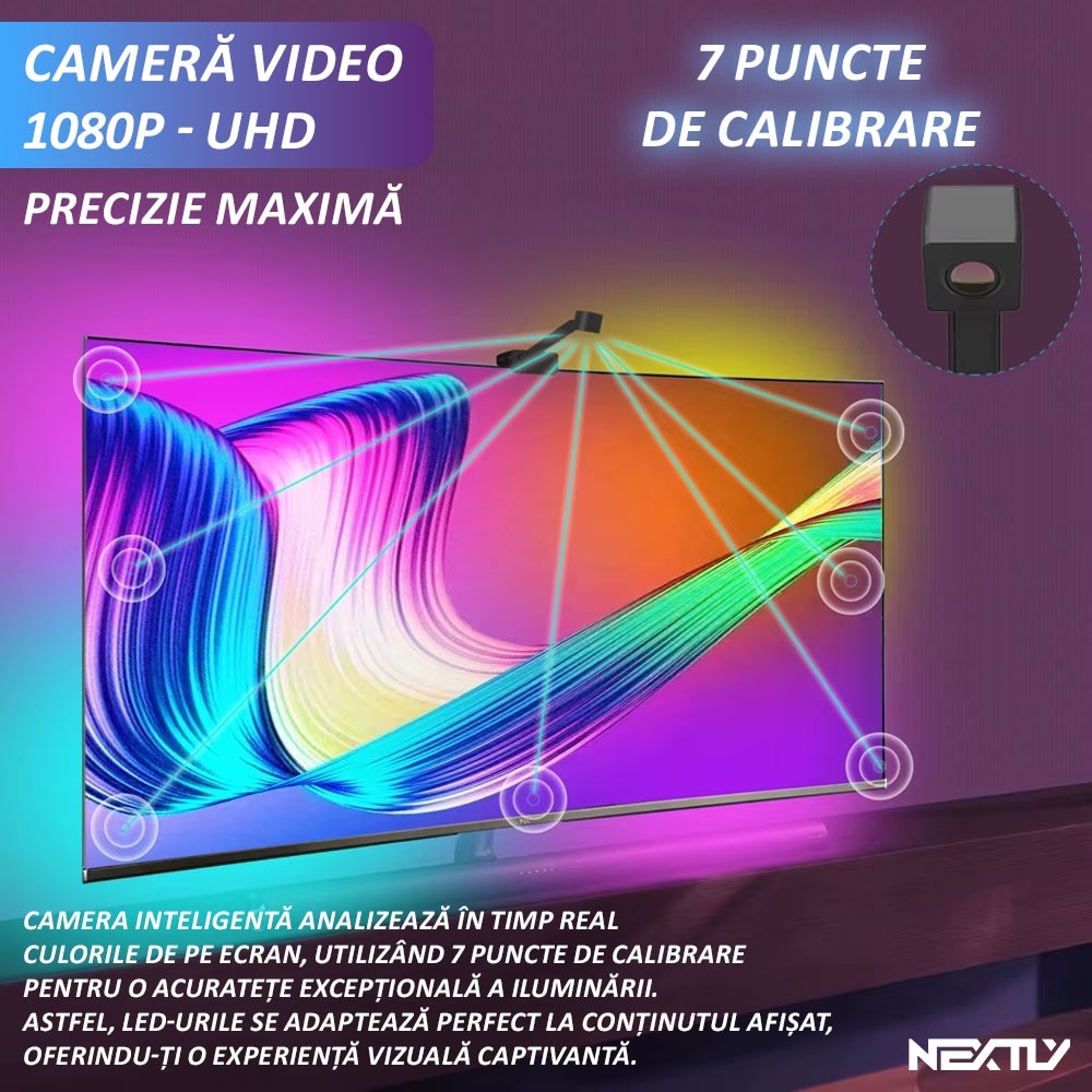Banda LED RGBIC cu camera video 1080p pentru TV, NEXTLY, control prin ...