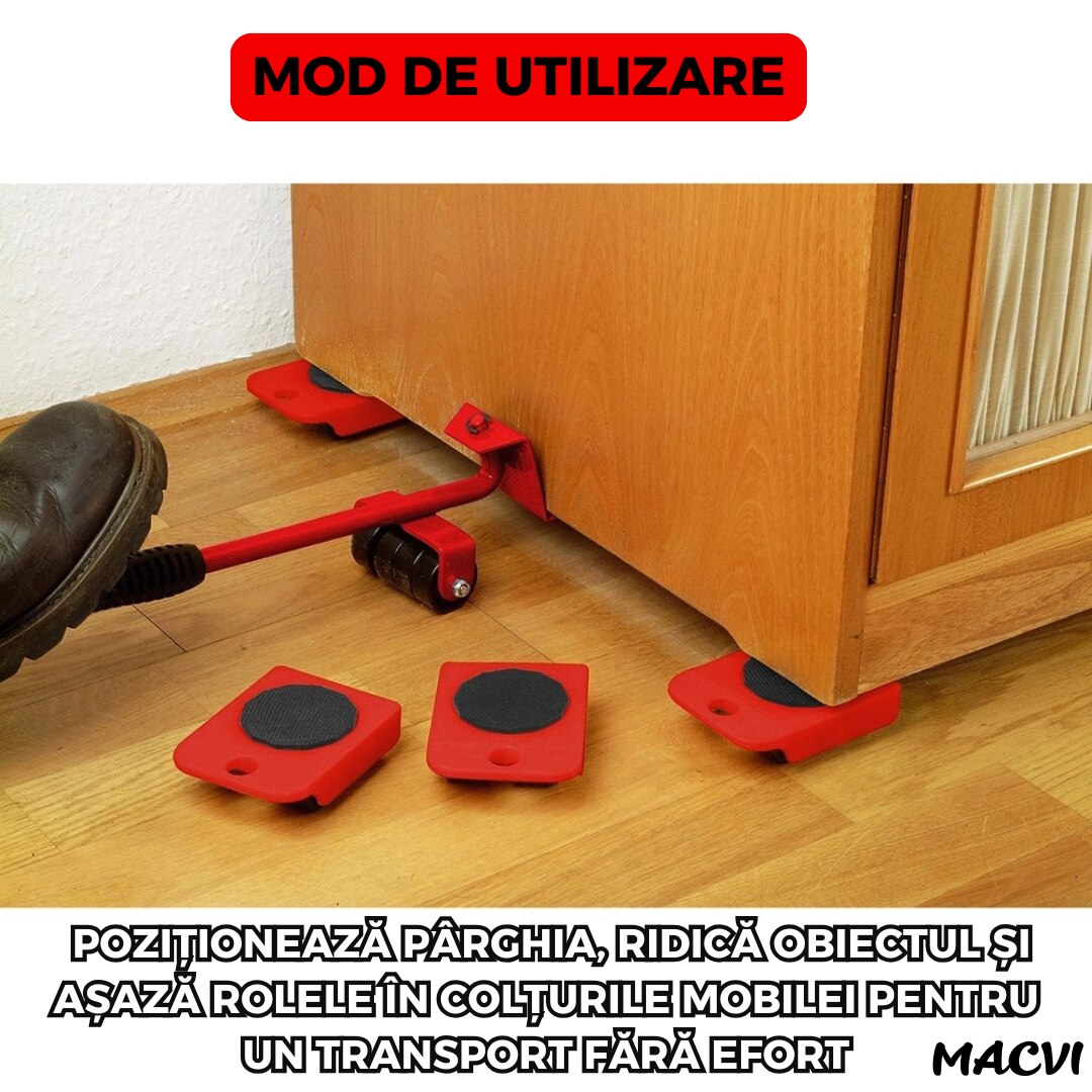 Set levier cu role si 4 suporturi pivotante Macvi®, cu roti pentru ...