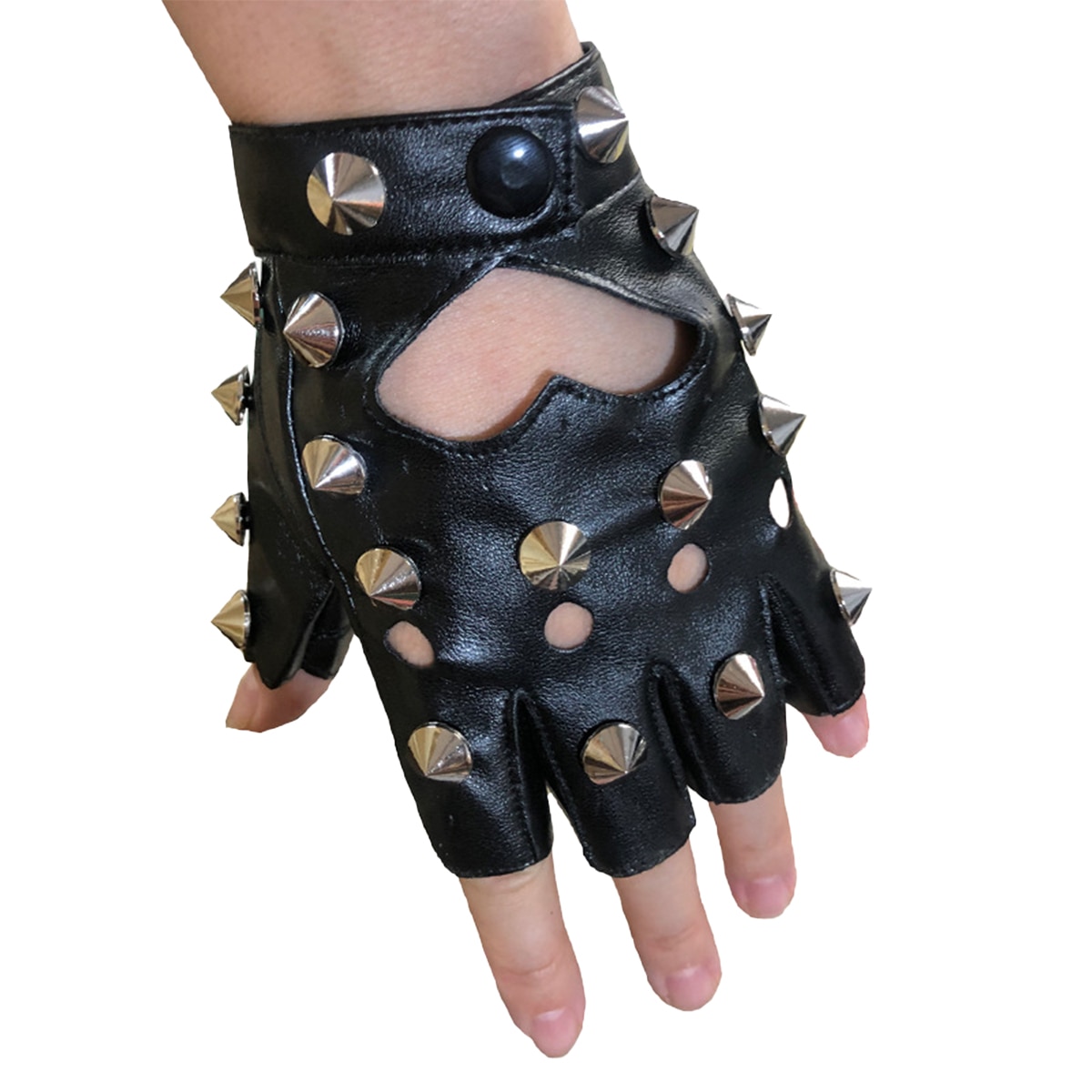 Manusi piele Fokelyi unisex jumatate deget cu strasuri si tinte negre ...