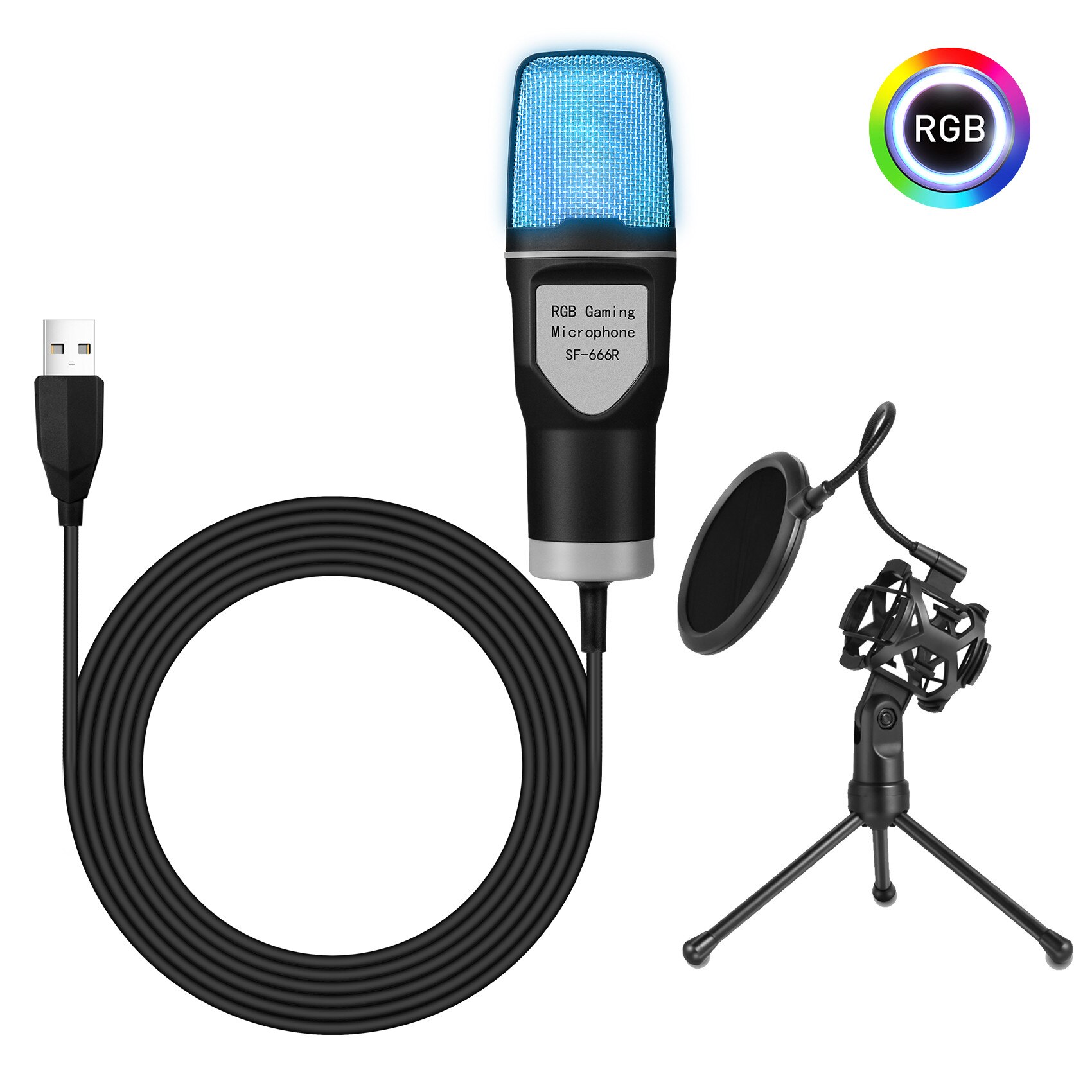 Microfon Gaming, ZYuuan, RGB light, USB, Negru - eMAG.ro