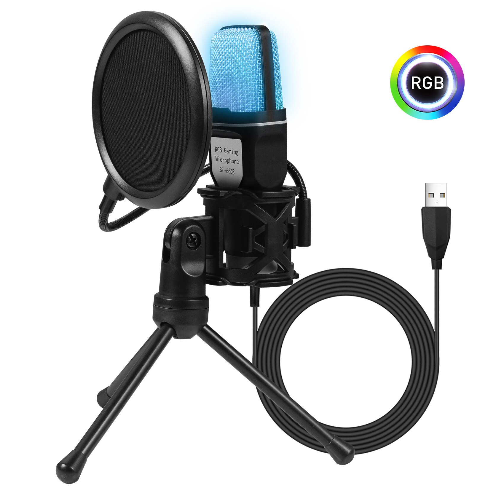 Microfon Gaming, ZYuuan, RGB light, USB, Negru - eMAG.ro