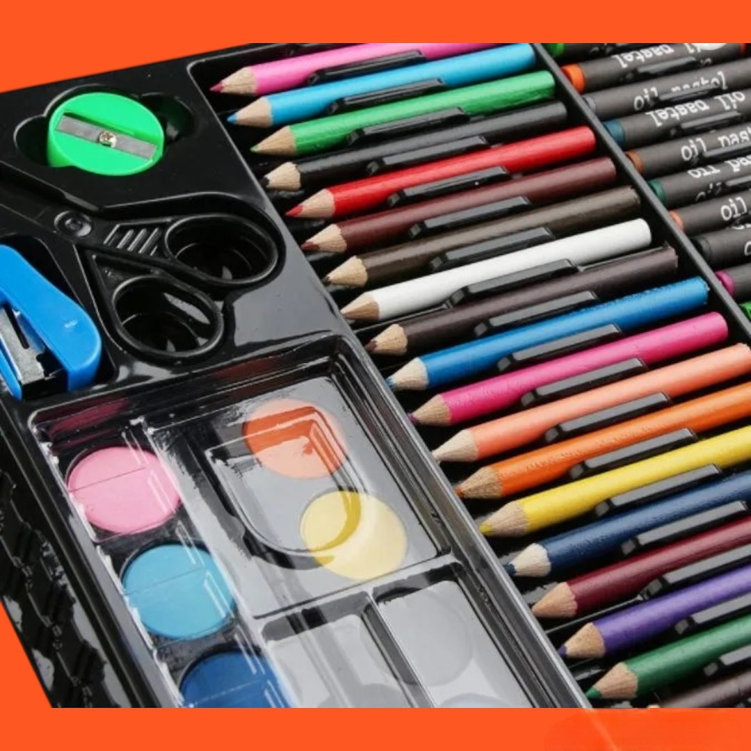 Trusa desen cu maner, Hooppie, 150 piese, creioane colorate si cerate ...