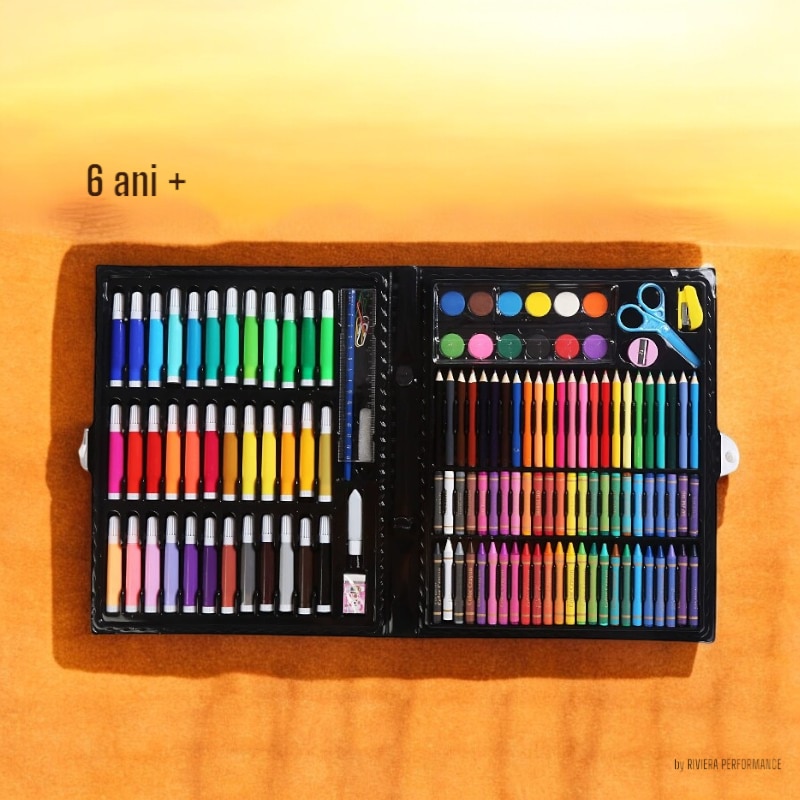 Trusa desen cu maner, Hooppie, 150 piese, creioane colorate si cerate ...