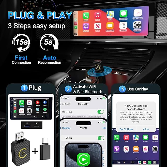 Adaptor auto wireless 2 in 1 compatibil cu iPhone Carplay, pentru ...