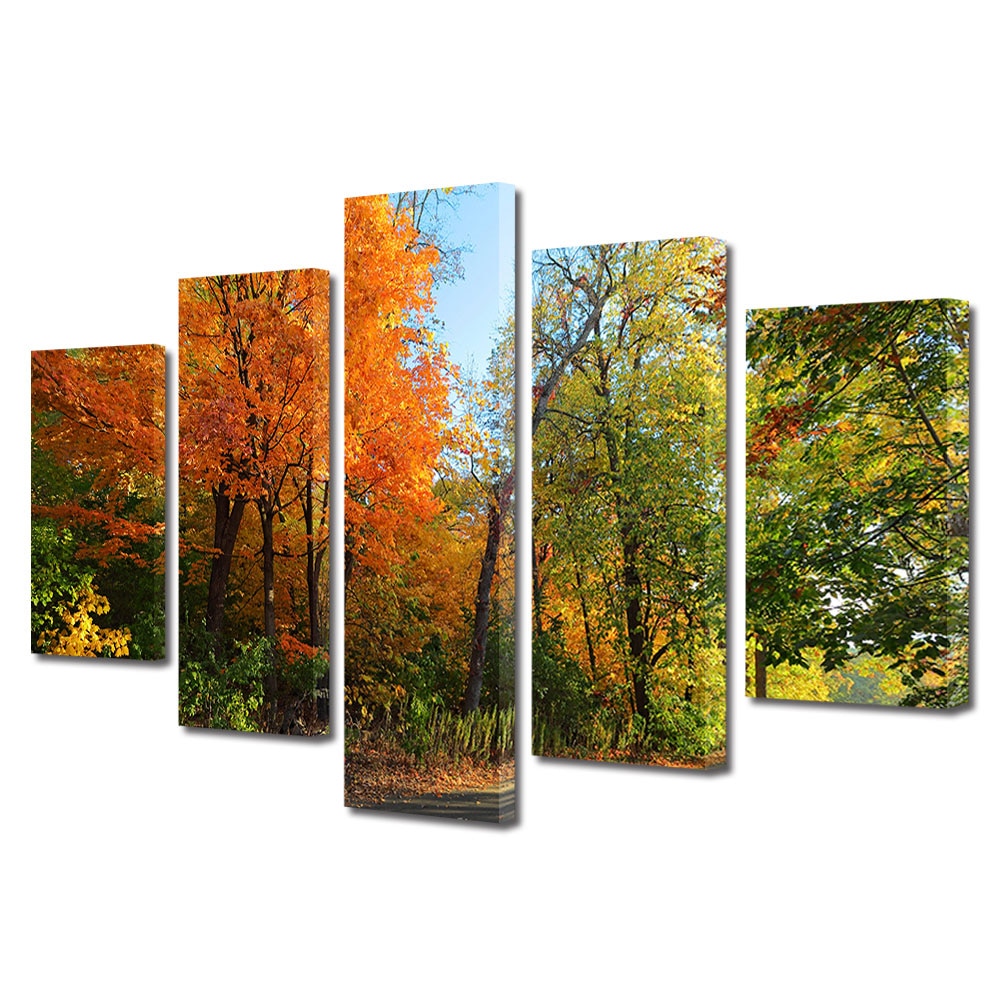 Set Tablouri Multicanvas 5 Piese Peisaj de Toamna cu Copaci colorati pe ...