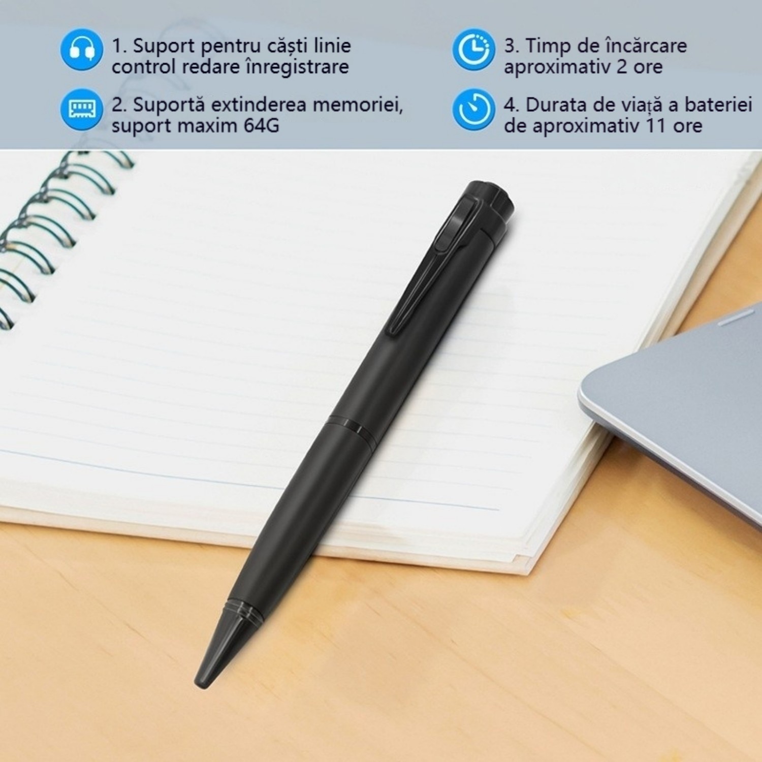 Inregistrator vocal spion cu stilou integrat, 64 GB, 400 de ore de ...