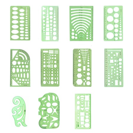 Set de sabloane pentru desen tehnic, 11 piese, plastic acrilic verde ...