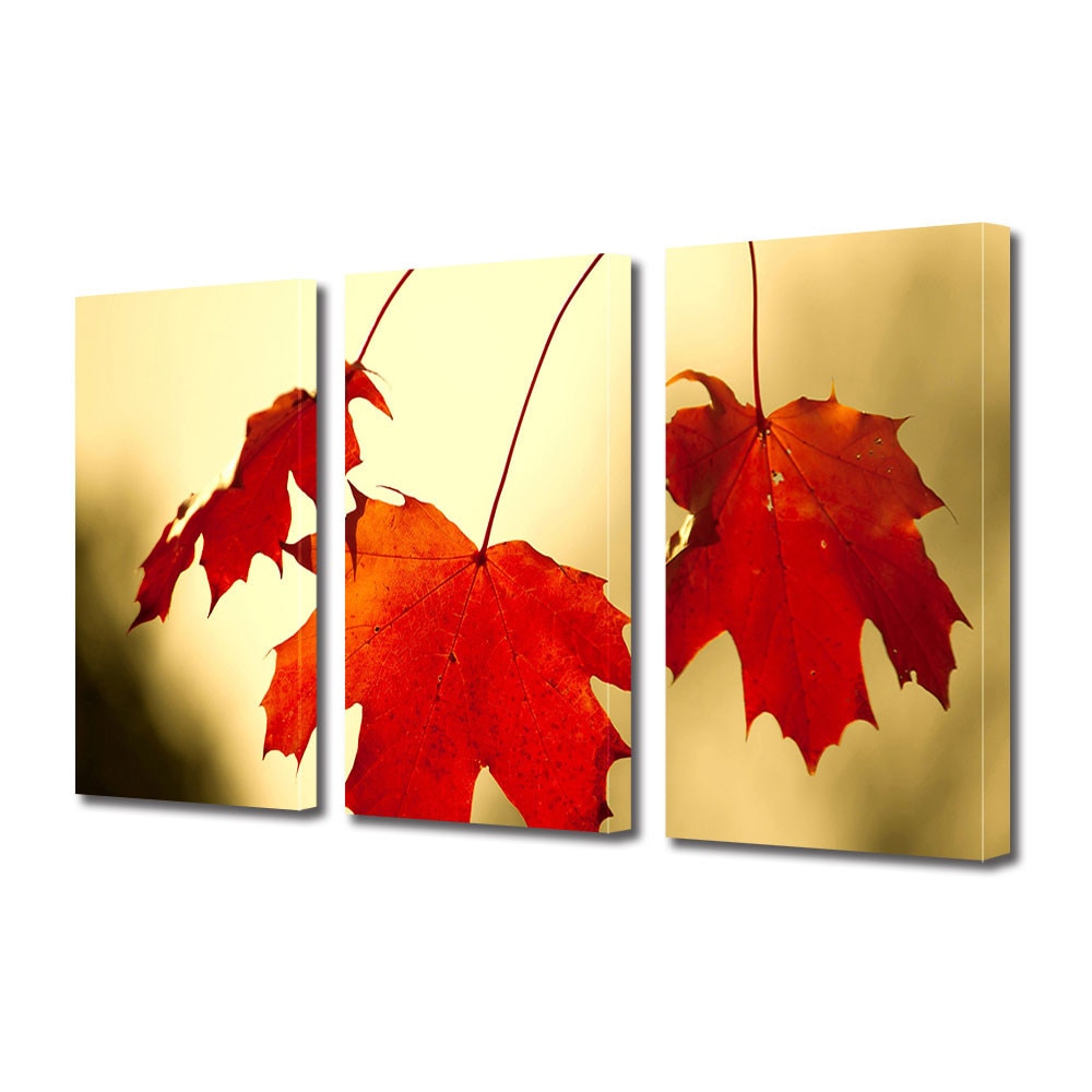 Set Tablouri Multicanvas 3 Piese Peisaj de Toamna cu Trei frunze in ...
