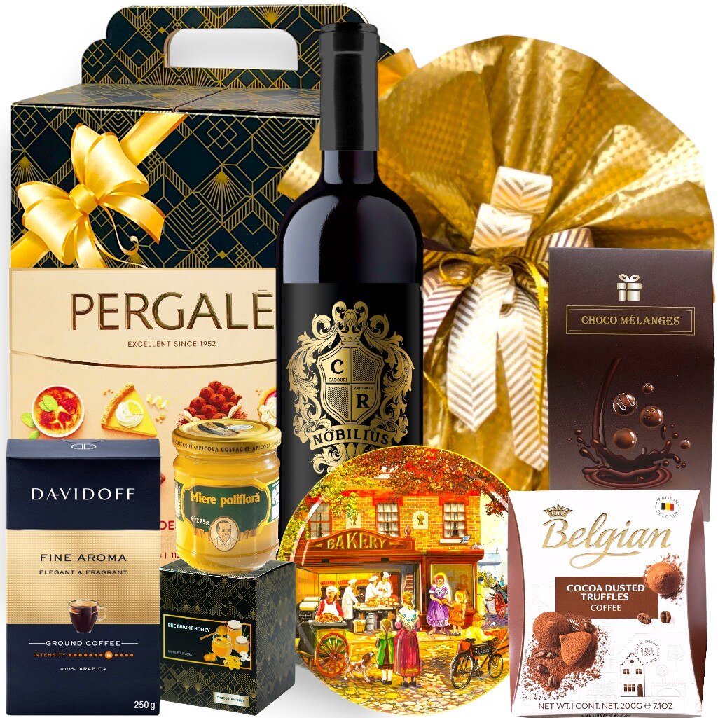 Set Cadou Rafinat cu Vin Rosu, Panettone, Cafea Davidoff, Trufe ...