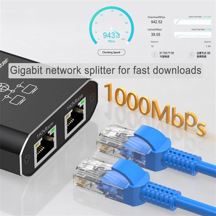 Splitter Ethernet Gigabit 1 la 2, adaptor RJ45, 1000Mbps, cu cablu de ...