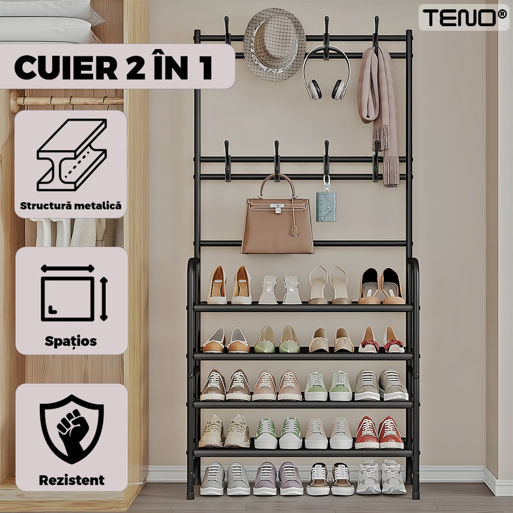 Cuier pentru Haine 2 in 1 cu Pantofar Teno®, 5 rafturi, 8 agatatoare ...