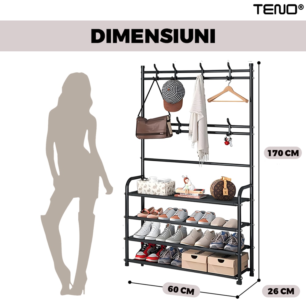 Cuier pentru Haine 2 in 1 cu Pantofar Teno®, 5 rafturi, 8 agatatoare ...