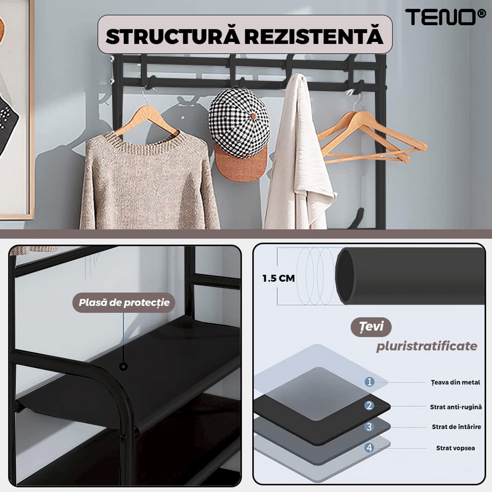 Cuier pentru Haine 2 in 1 cu Pantofar Teno®, 5 rafturi, 8 agatatoare ...