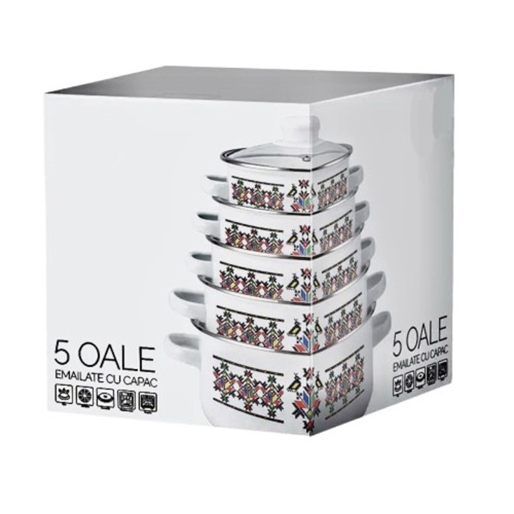 Set 5 Oale Emailate cu capac/manere, cratita cu capacitate de la 1 la ...