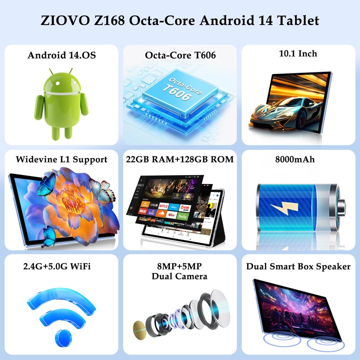 10 hüvelykes Android 14 tablet, ZIOVO márkájú, 22 GB RAM-mal+128 GB ROM ...