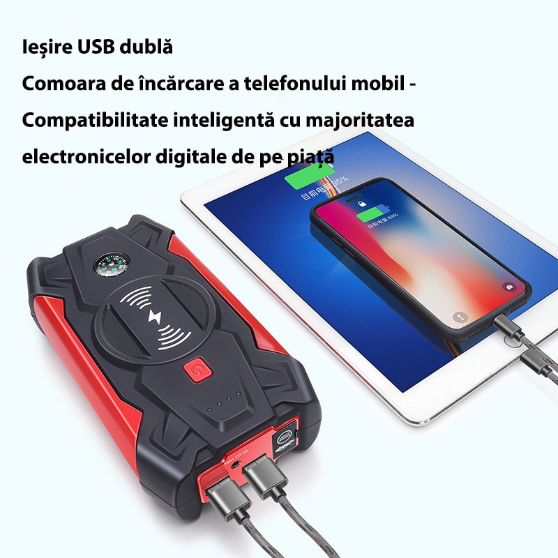 Starter auto portabil 12V, Rqiurpn, 28000mAh, 3 moduri LED, incarcare ...