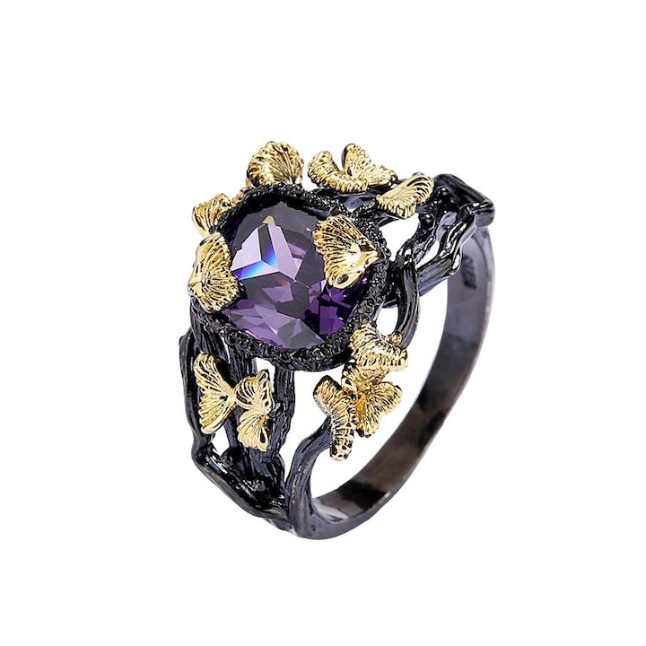 Inel vintage Ginkgo biloba cu pietre mov, cupru negru placat cu argint ...