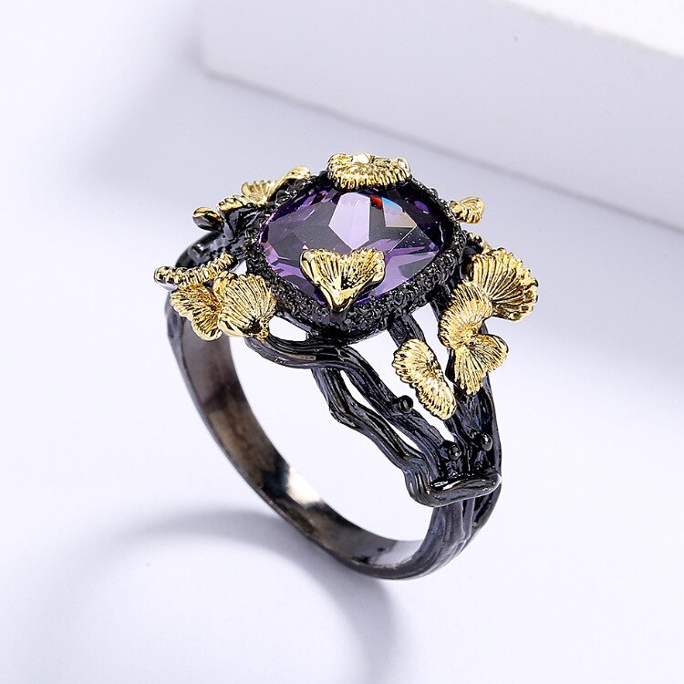 Inel vintage Ginkgo biloba cu pietre mov, cupru negru placat cu argint ...