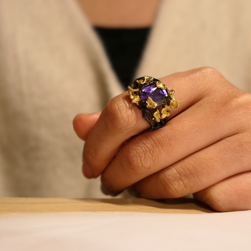 Inel vintage Ginkgo biloba cu pietre mov, cupru negru placat cu argint ...