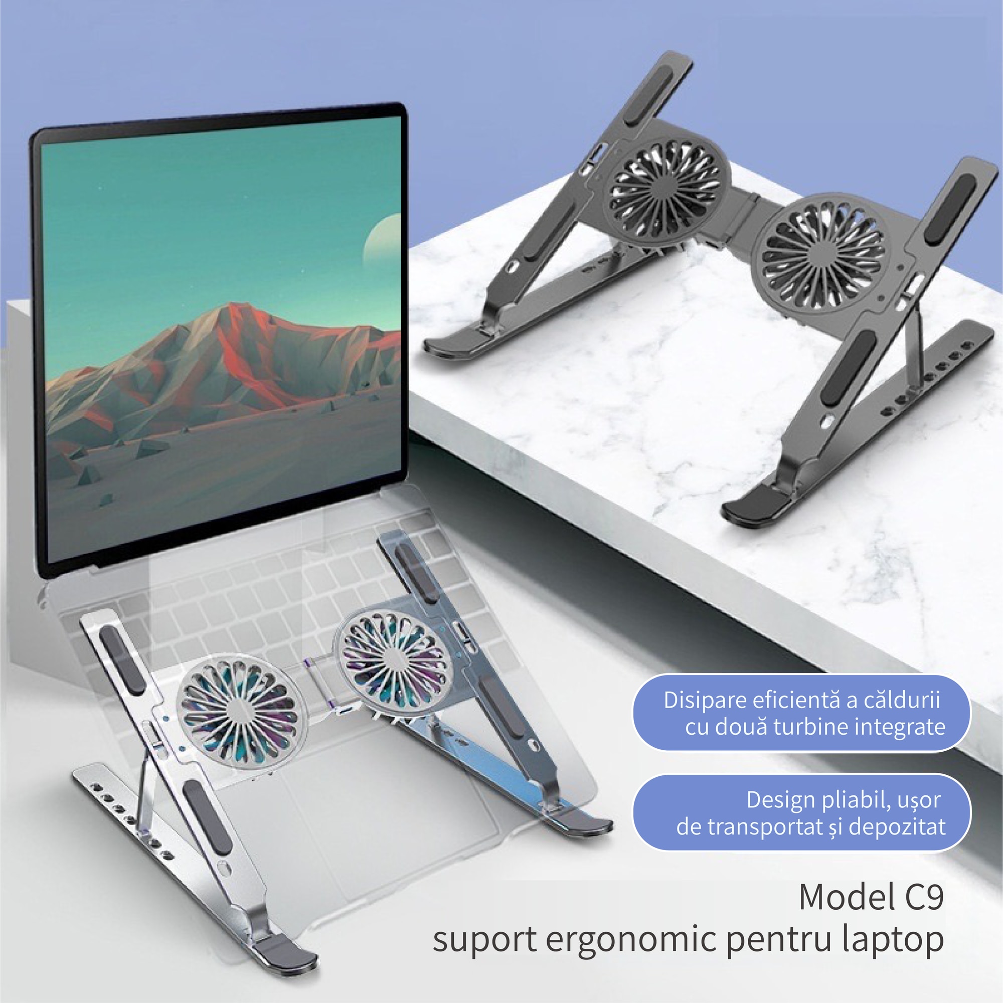 Set suport laptop pliabil cu ventilator ultra-silentios, suport telefon ...