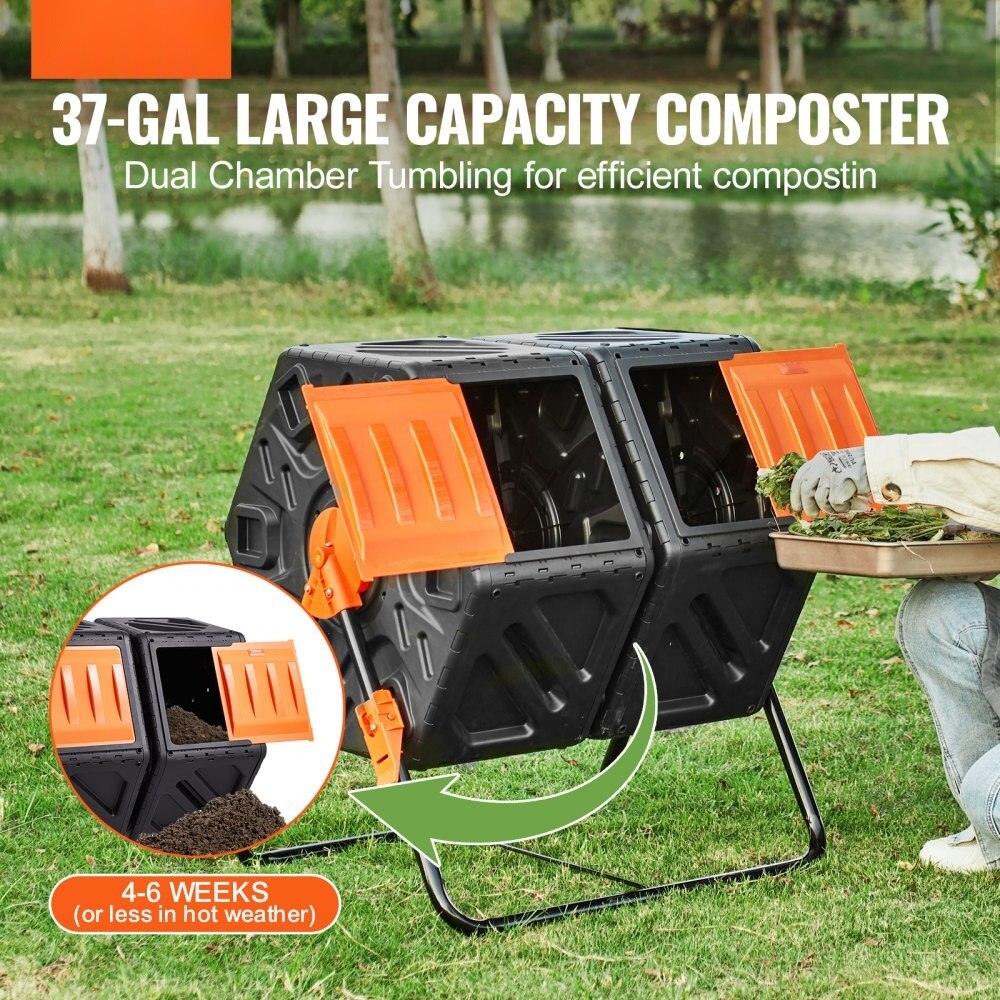 Cos de compost, model cu doua camere, capacitate 37 gal, mecanism ...