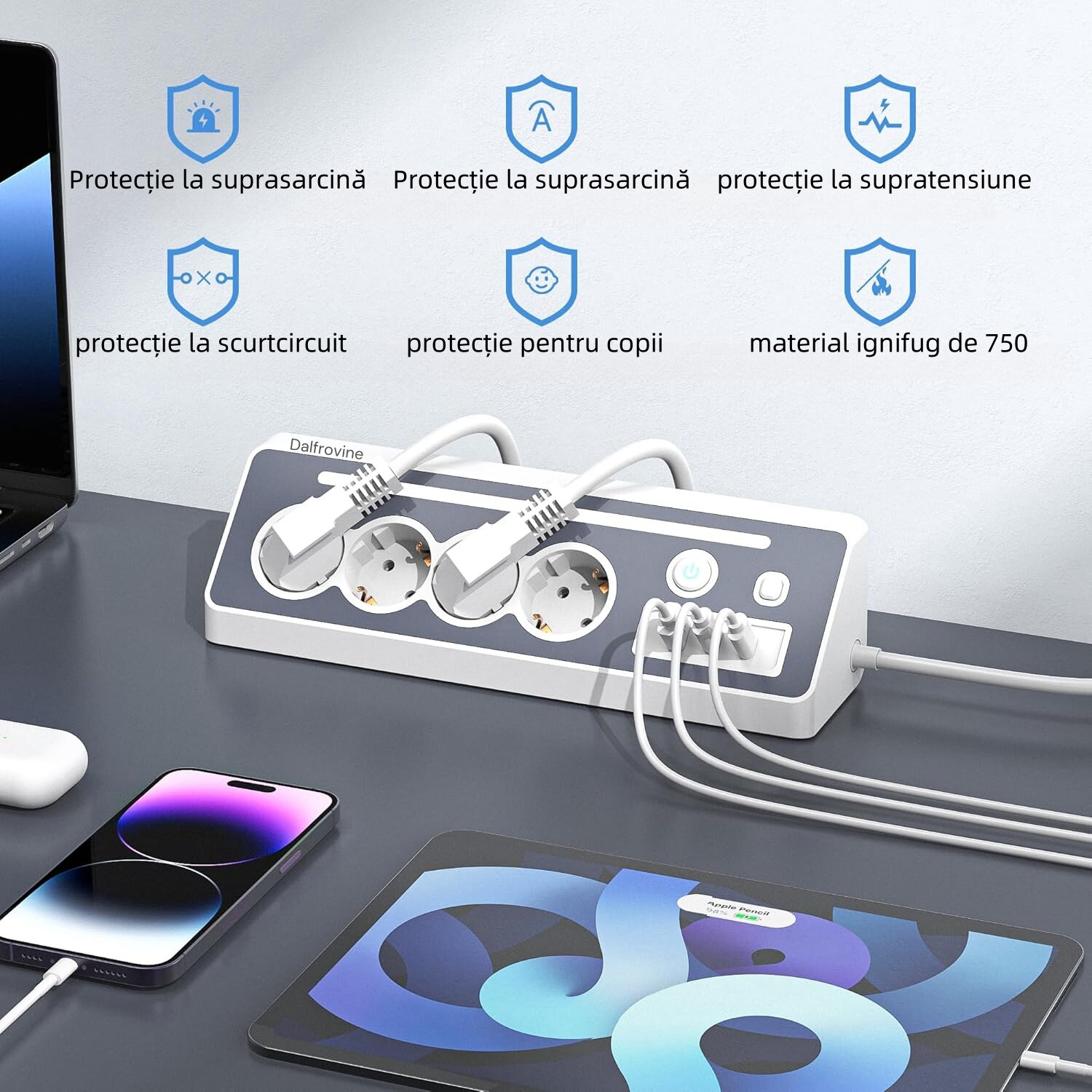 Prelungitor Protectie Supratensiune DalfrovineⓇ, 4 Prize + 3 USB (2xUSB ...