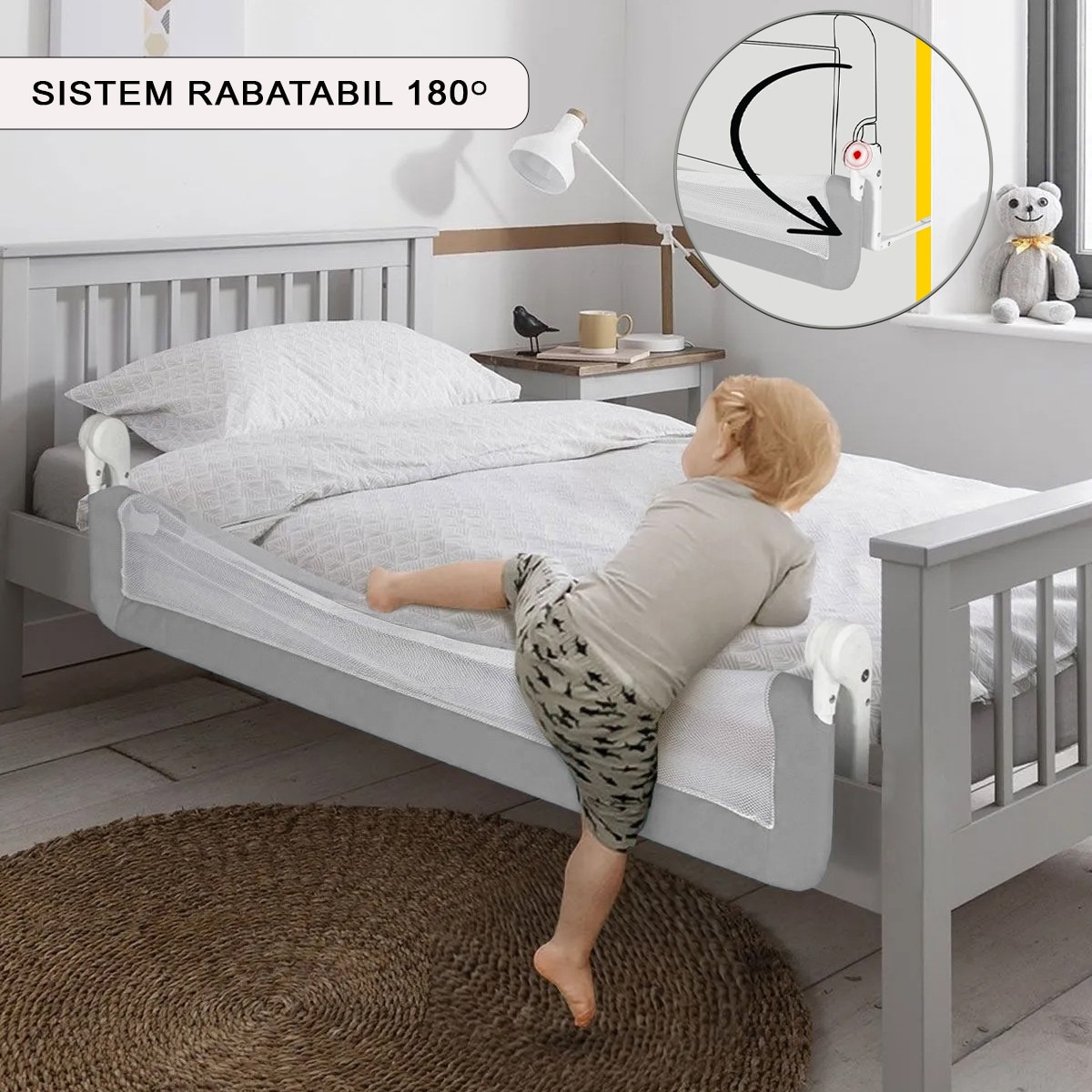 Protectie pat copii FiGGA®, bariera laterala margine pat 200 x 65 cm ...