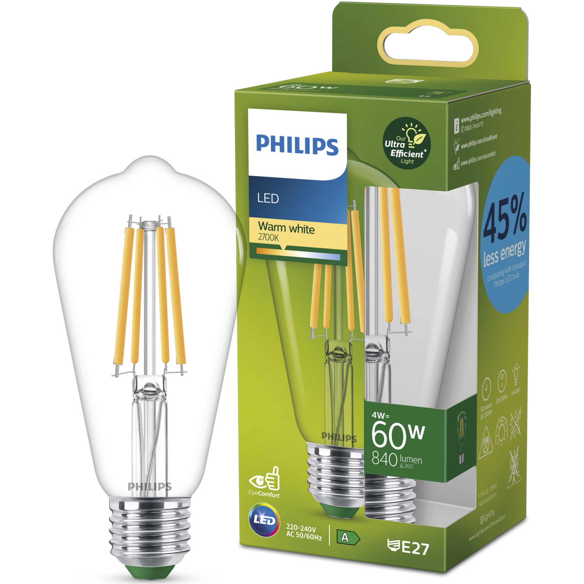 Bec LED cu filament Philips Ultra Efficient, ST64, E27, 4W (60W), 840 ...