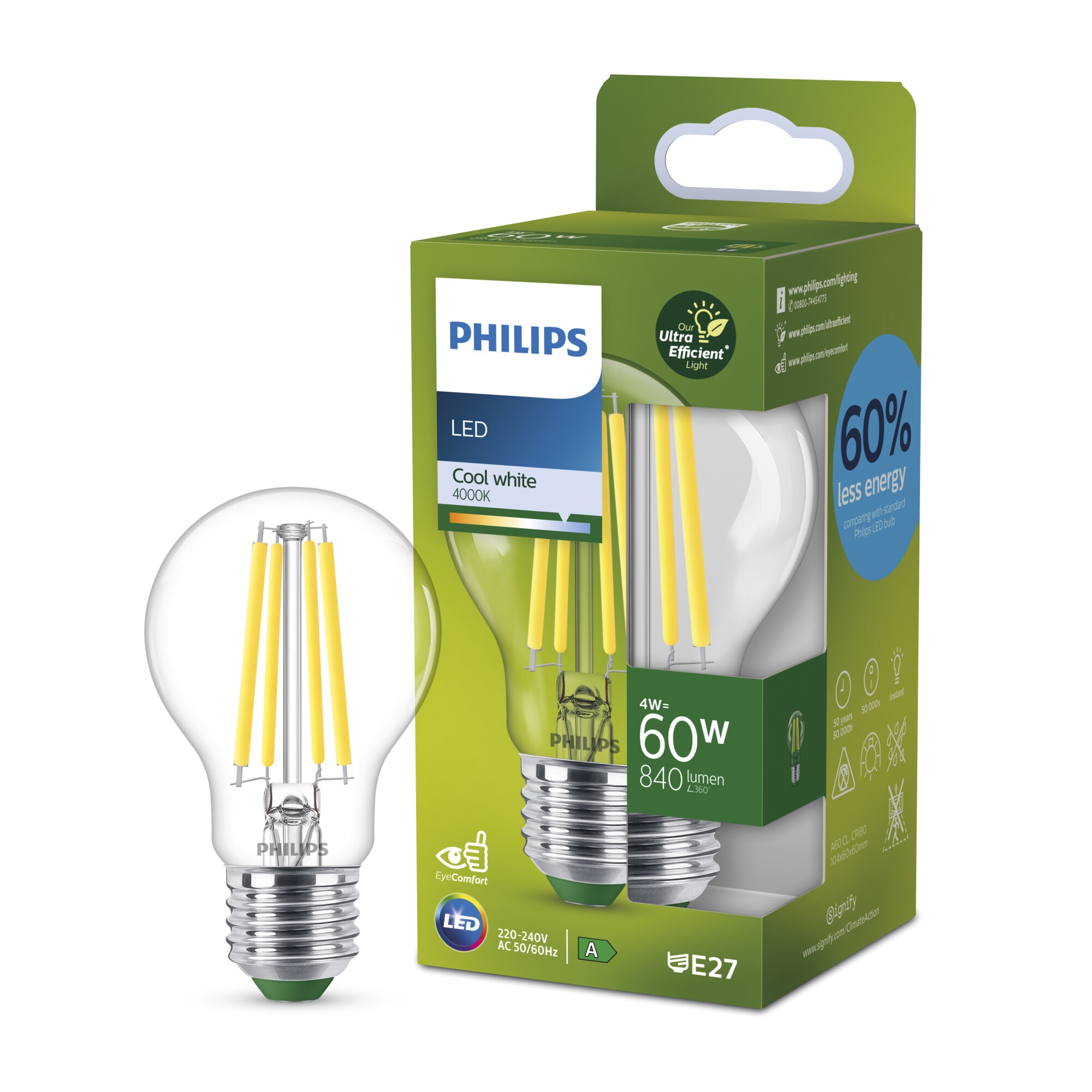 Bec LED cu filament Philips Ultra Efficient, A60, E27, 4W (60W), 840 lm, lumina neutra (4000K ...