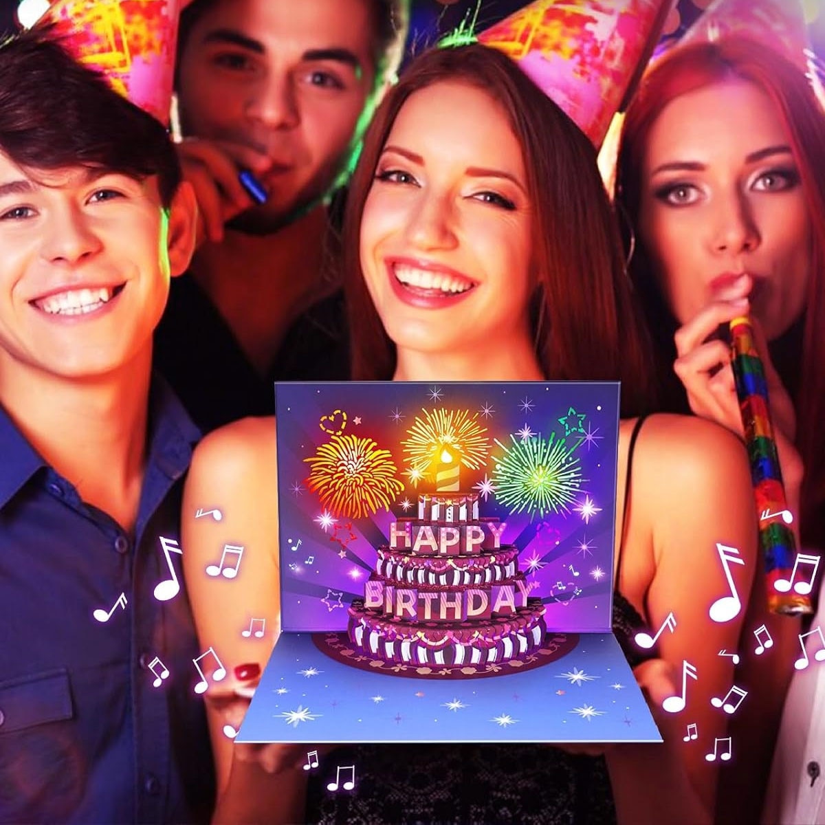 Felicitare de ziua de nastere 3D cu tort, lumini si muzica, set cu plic ...