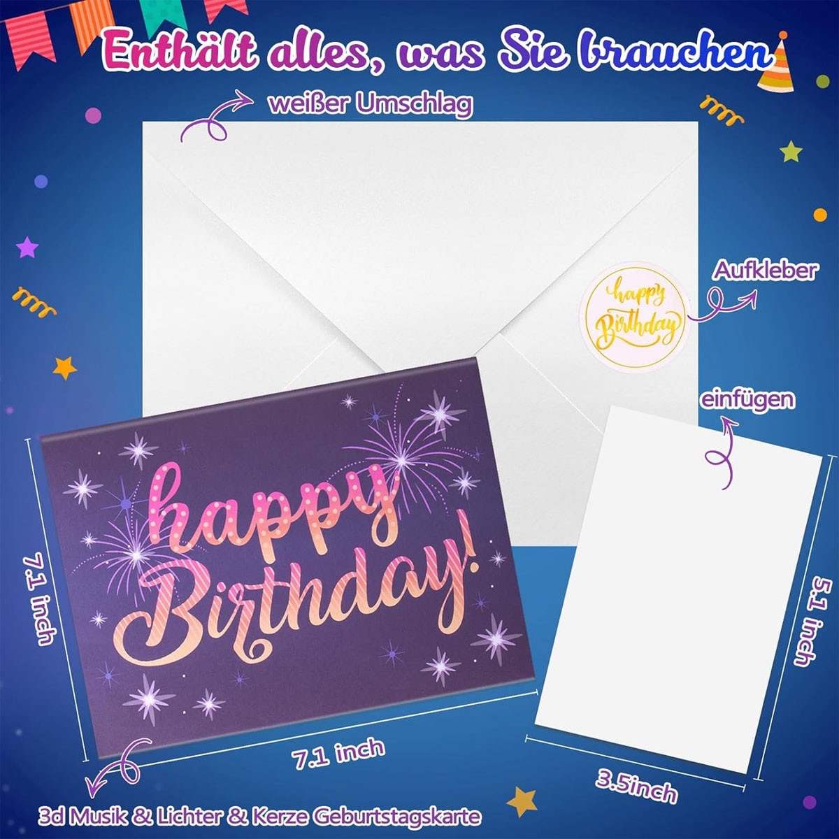 Felicitare de ziua de nastere 3D cu tort, lumini si muzica, set cu plic ...