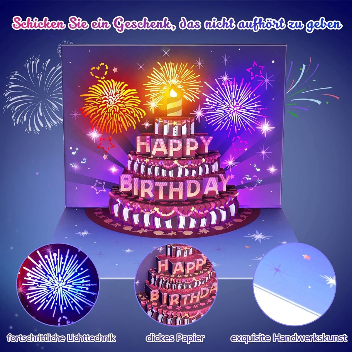Felicitare de ziua de nastere 3D cu tort, lumini si muzica, set cu plic ...