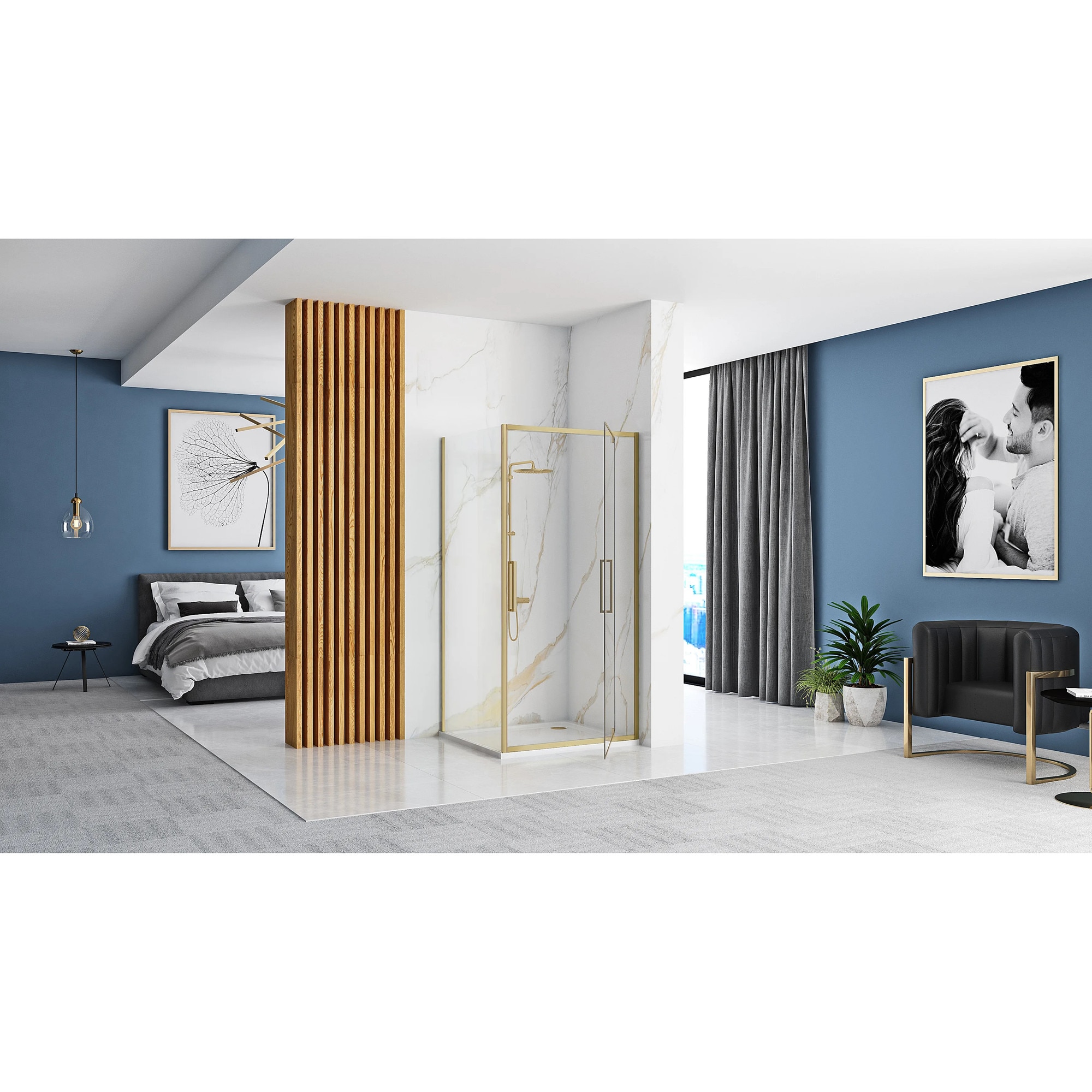 Cabina de dus de colt Rea, Rapid Swing 100X100cm, auriu periat ...
