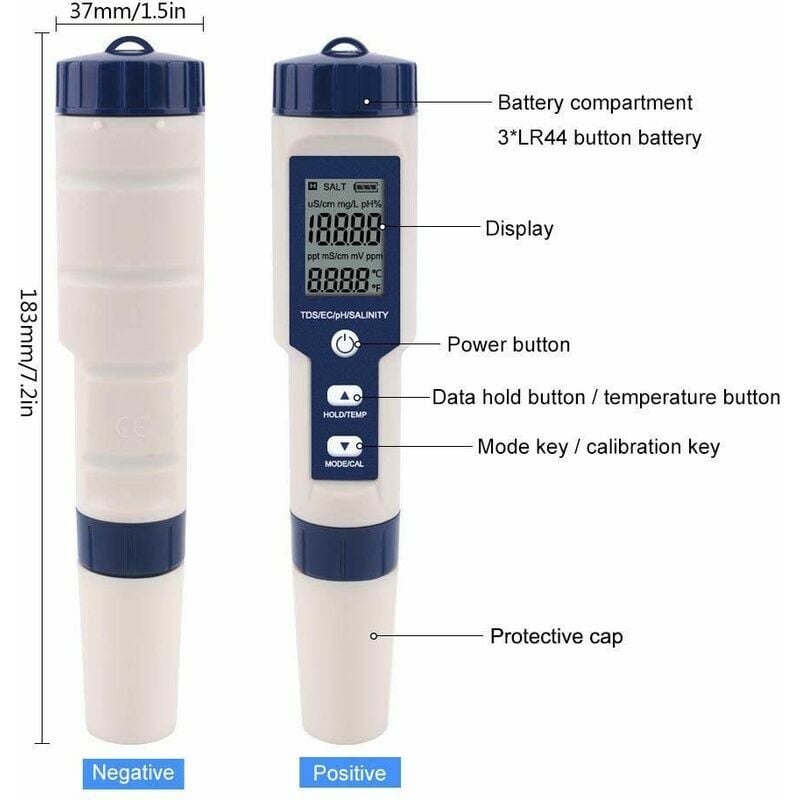 Tester digital de pH pentru apa potabila, 5 in 1, electrozi placati cu ...