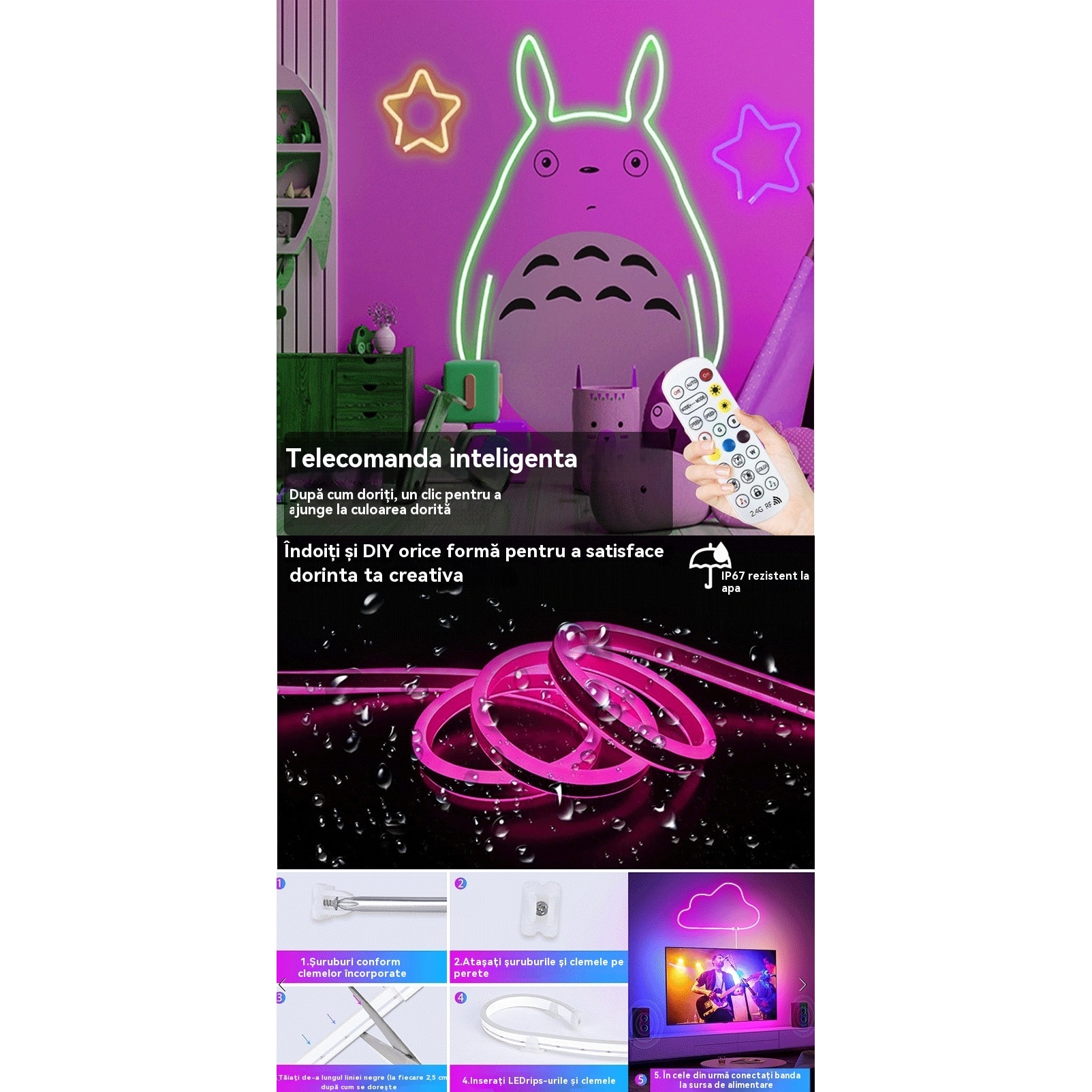 Banda LED RGB 3535, lampa cu neon, 5m, 72 LED/m, control Bluetooth si ...