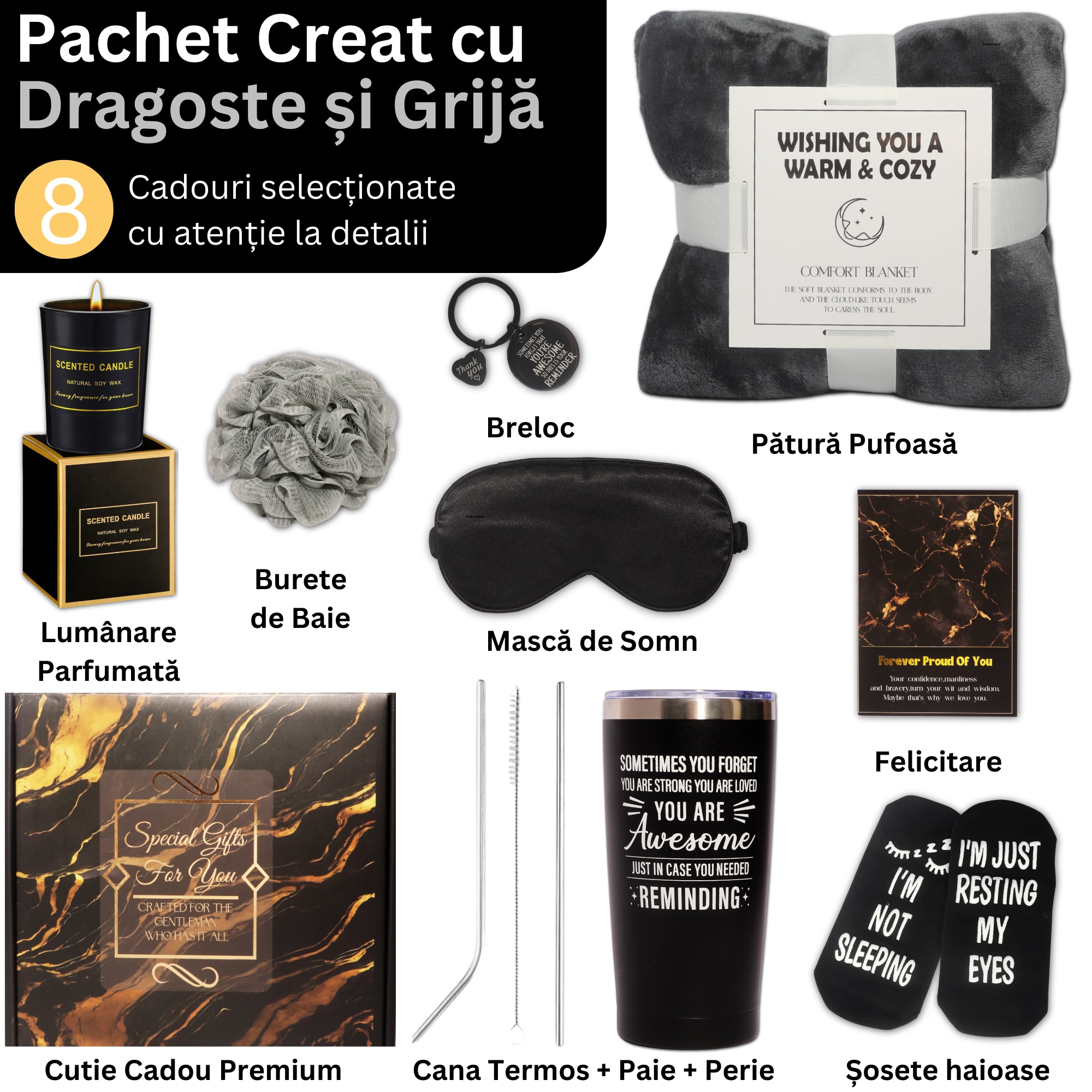 Set cadou pentru barbati, 8 Produse premium, Cadonique®, Patura pufoasa ...