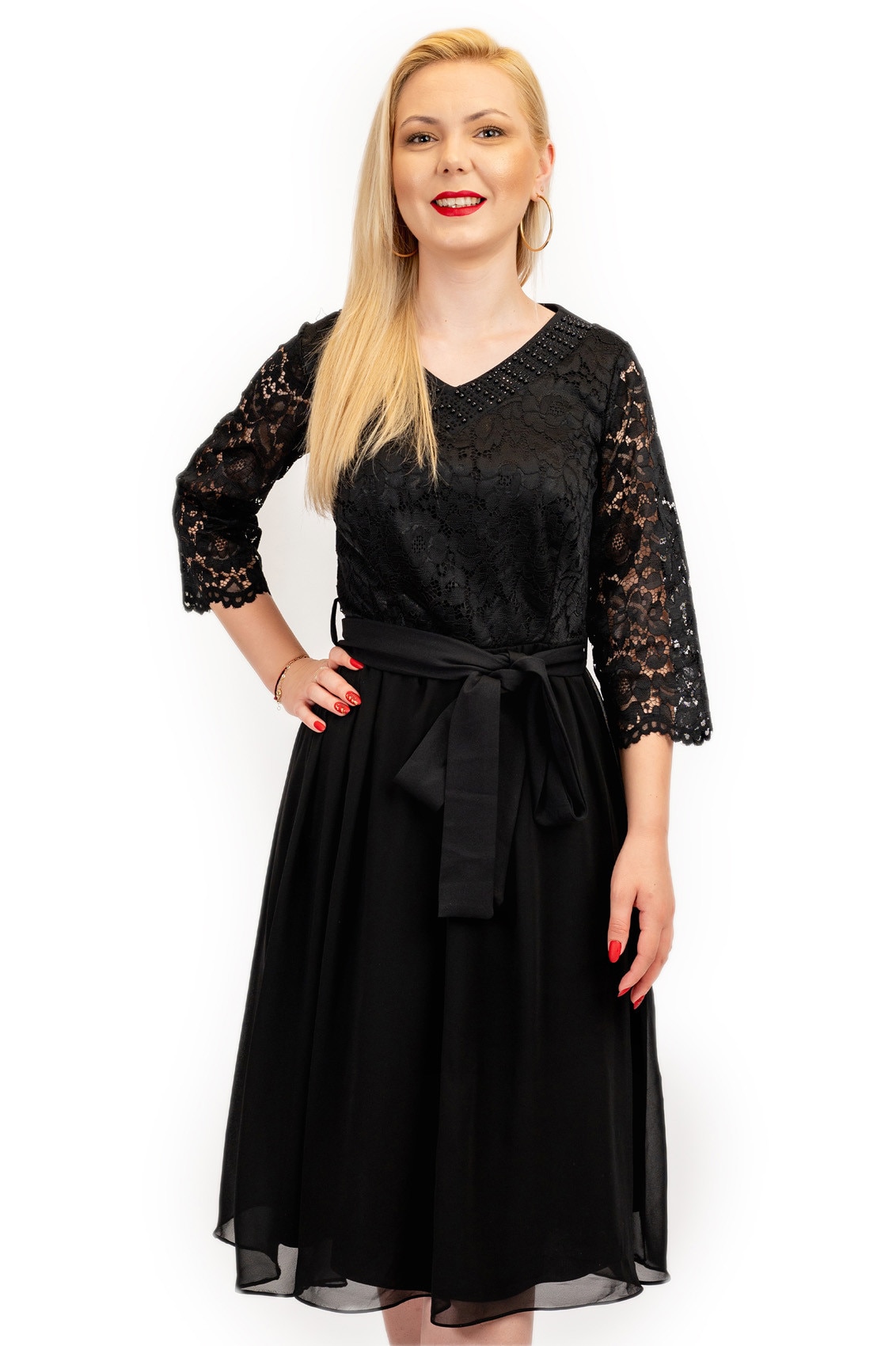 Rochie Eleganta De Nunta Neagra Moze Midi Cu Dantela - S(36) - eMAG.ro
