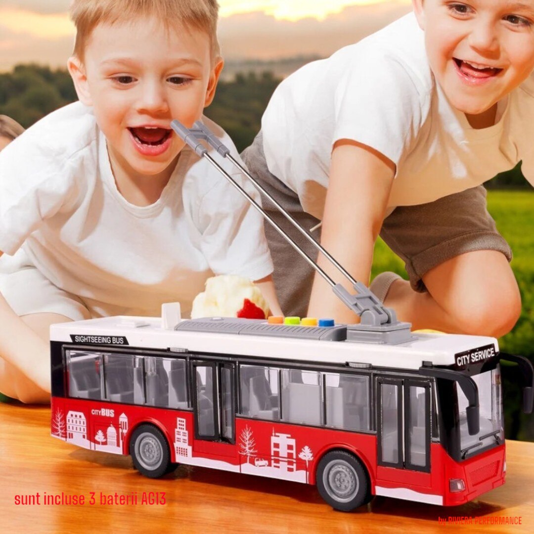 Troleibus electric urban Hooppie, cu mecanism frictiune, 29x7x10 cm ...