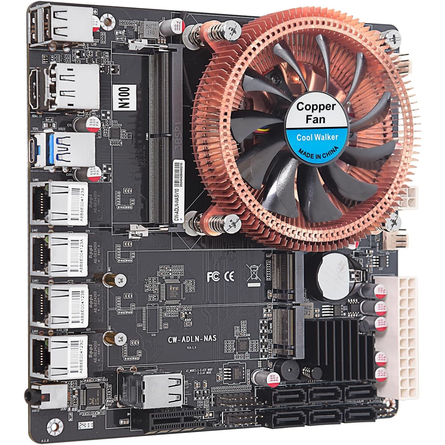 N100 NAS alaplap, 4 LAN 2.5G port, 6 SATA3.0 port, 1 DDR5 foglalat, 2 M ...