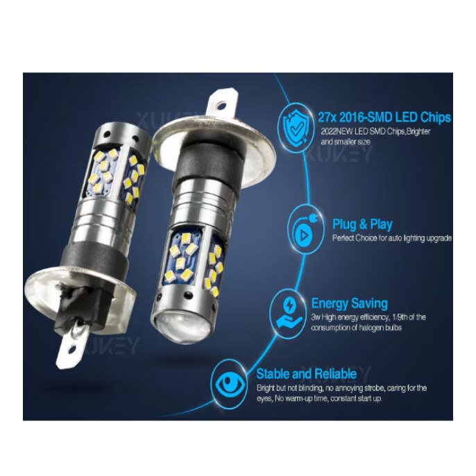 Set 2 becuri auto LED H1 cu lupa, 60W, 27 SMD, 12V, 6000K - eMAG.ro