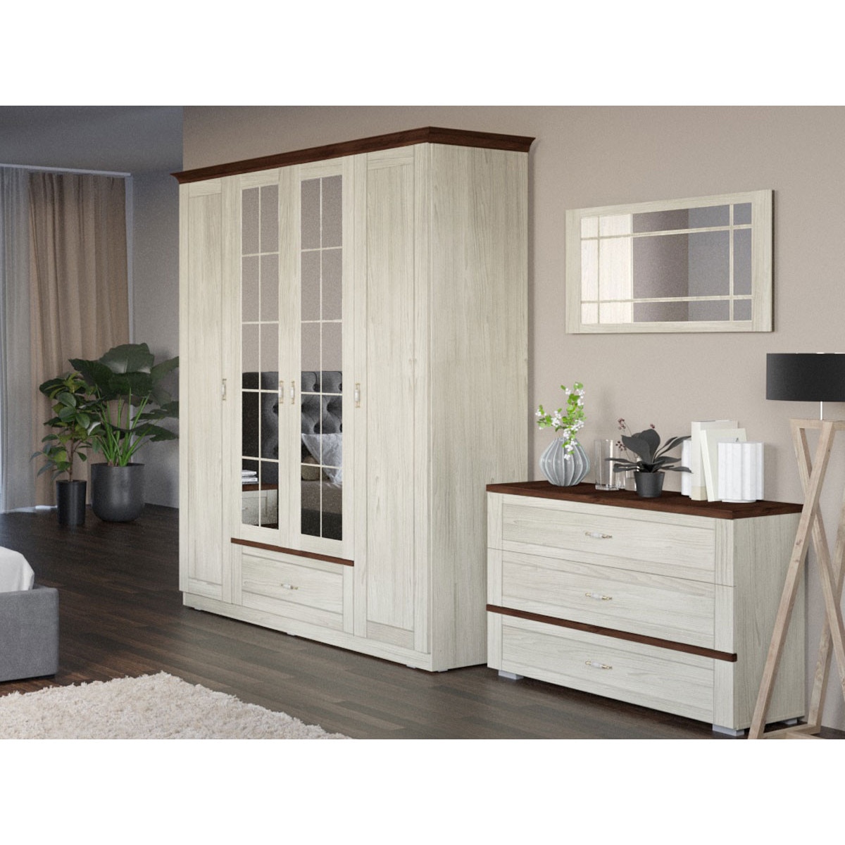 Set Dormitor alb cu textura lemn, Melody 4U cu Pat Rabatabil tapitat ...