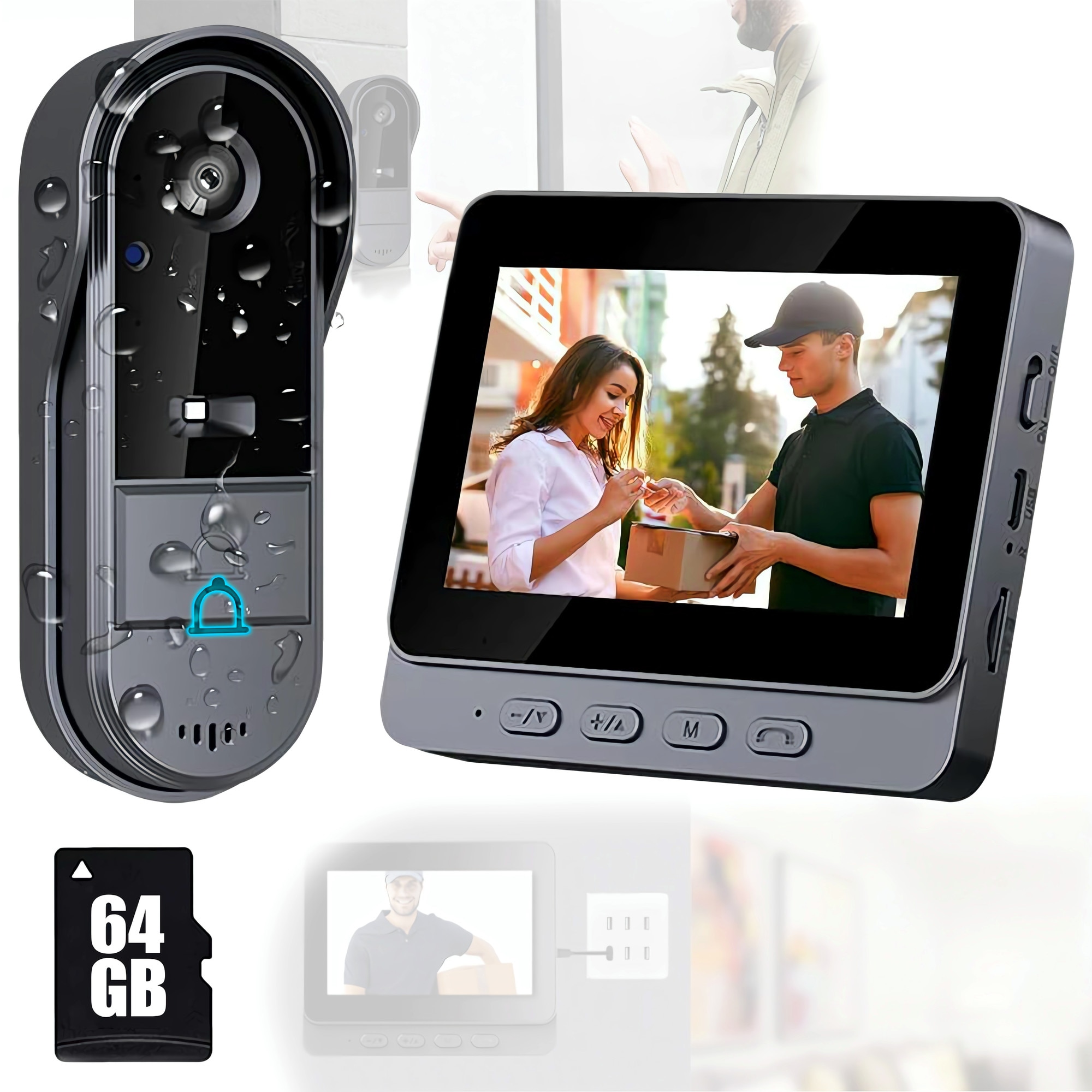 Sonerie video fara fir wireless exterior cu monitor, Excitat®, 64GB SD ...