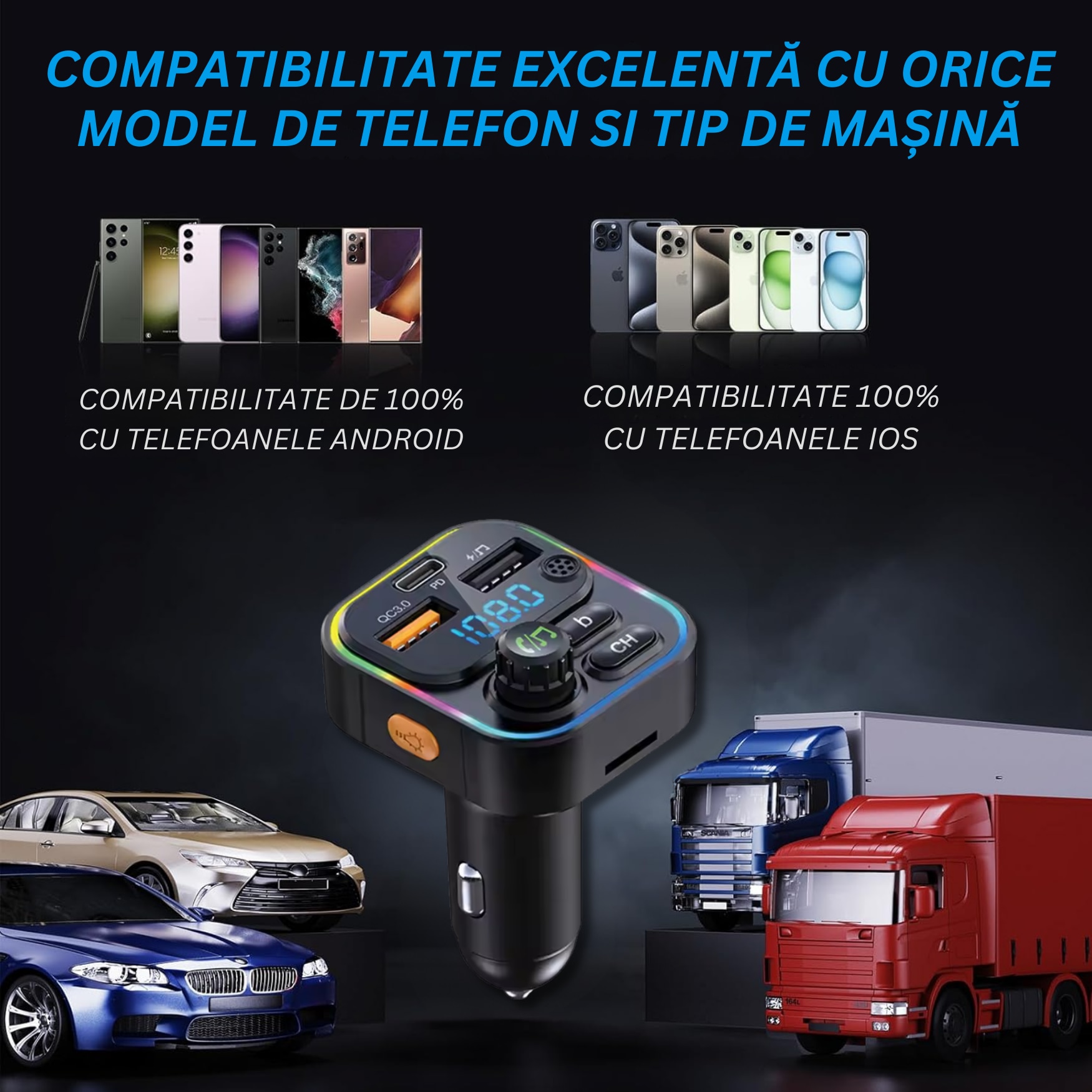 Modulator FM NETSTAT® Car Kit Bluetooth 5.3, Transmitator FM Auto 2 ...